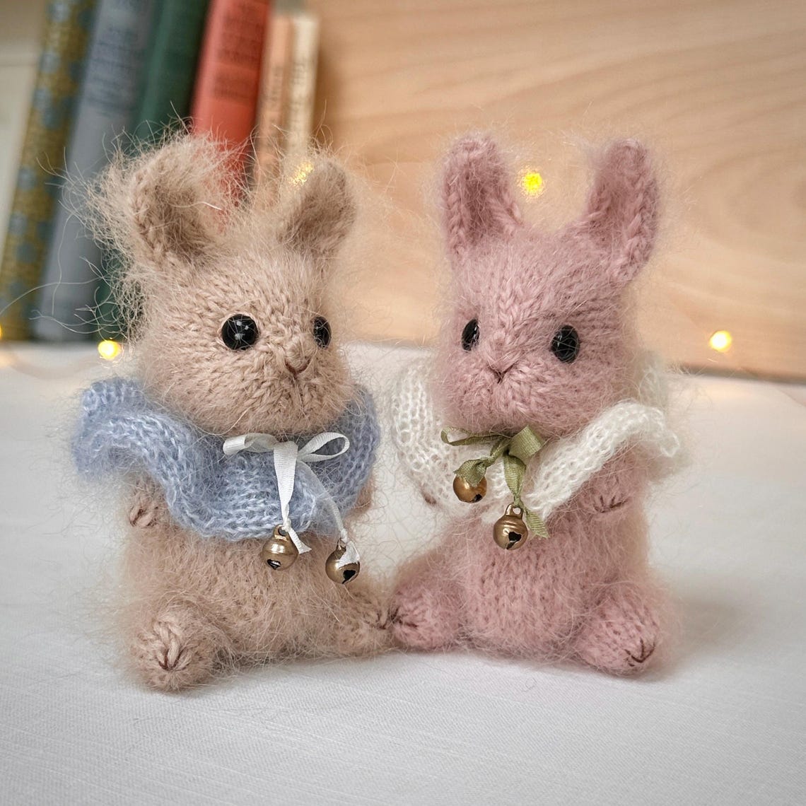 Hand Knitted Moveable Beige Bunny in Light Blue Ruffle Collar, Jointed ...