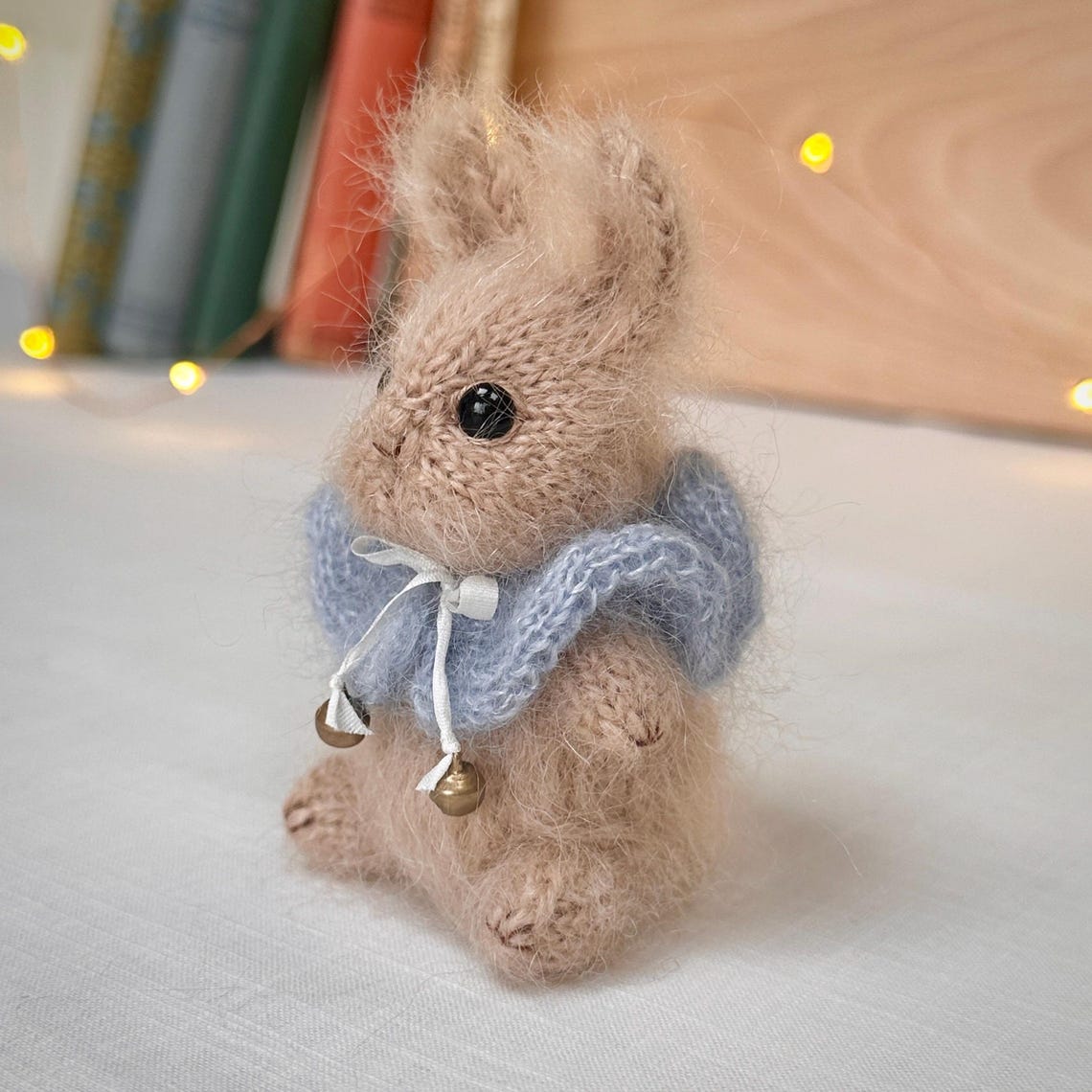 Hand Knitted Moveable Beige Bunny in Light Blue Ruffle Collar, Jointed ...