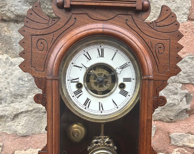 Interesting Waterbury Walnut Gingerbread Mantel Clock – Antique 8 Day ...