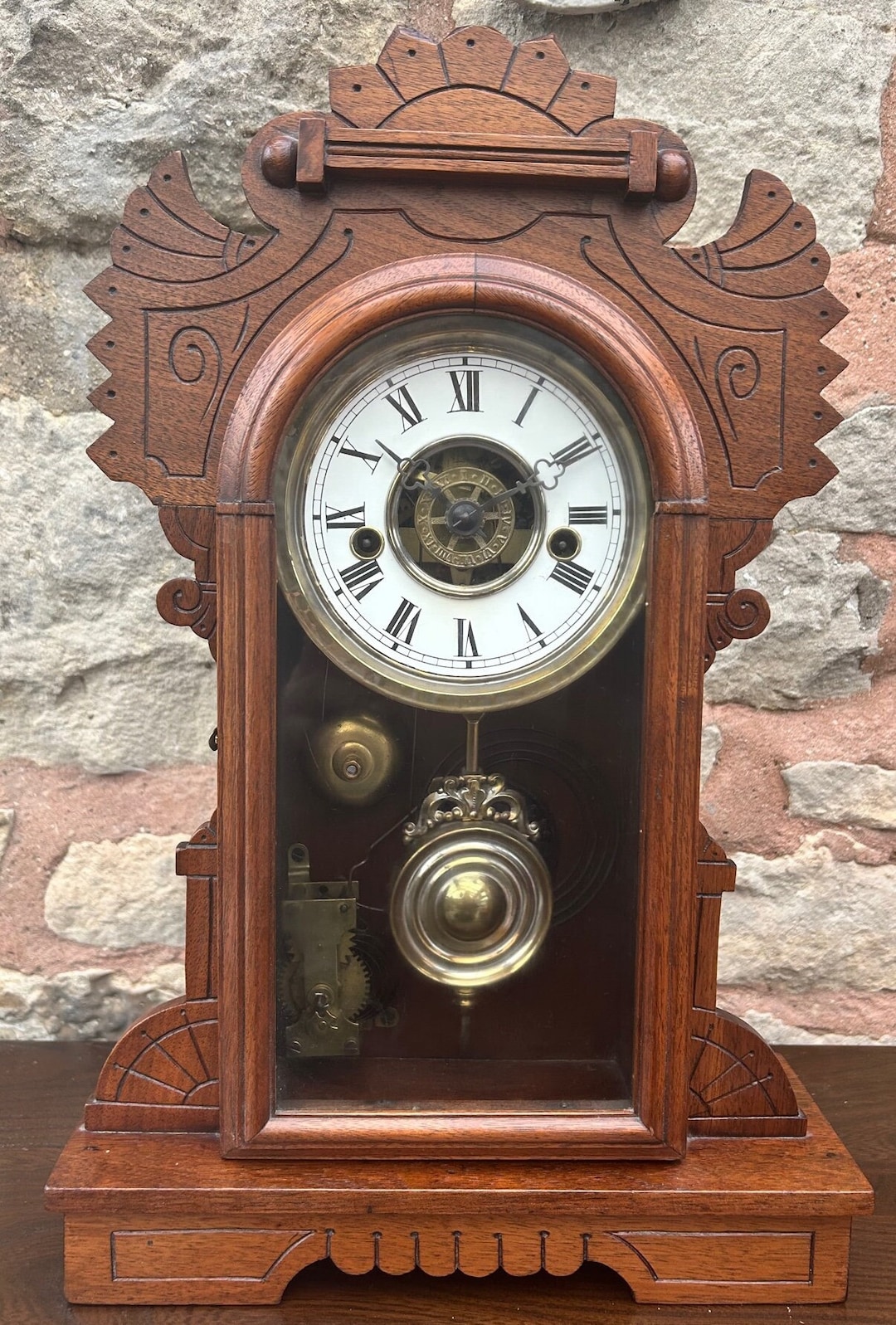 Interesting Waterbury Walnut Gingerbread Mantel Clock – Antique 8 Day ...