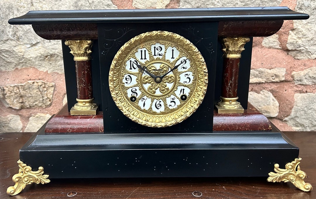 Superb Antique Architectural Mock Slate Mantel Clock - American 8 Day ...
