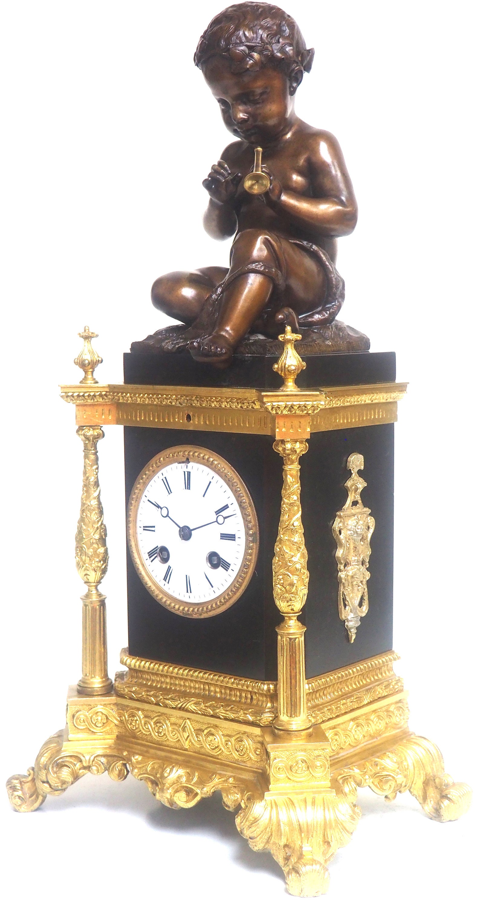 Antique Ormolu Bronze Mantel Clock Trumpet Playing Child Solid Bronze ...