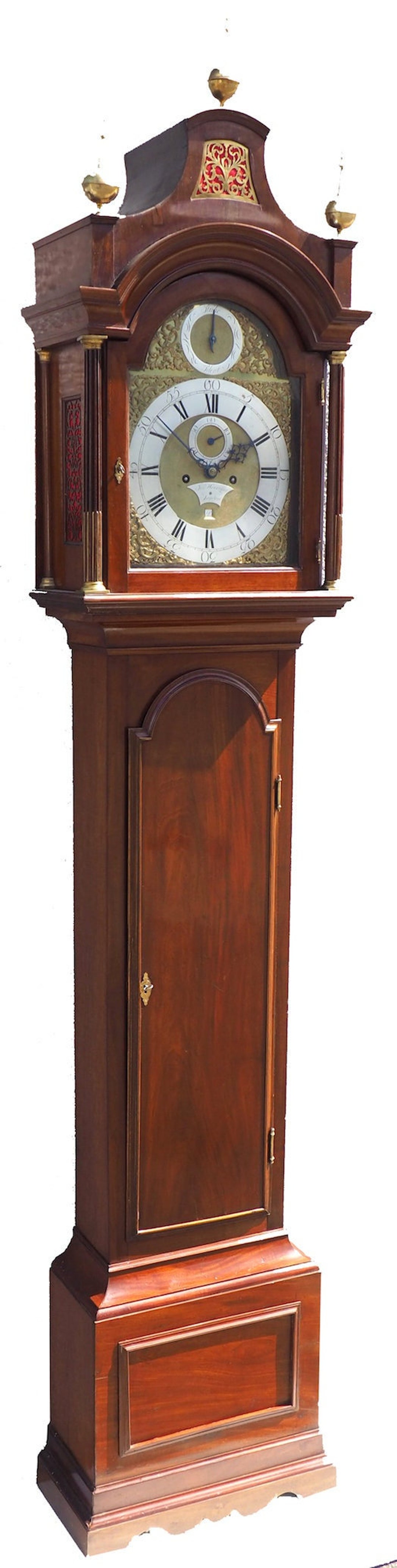 19THC Pagoda Top Longcase Clock in Solid Mahogany Case Arched Silver ...