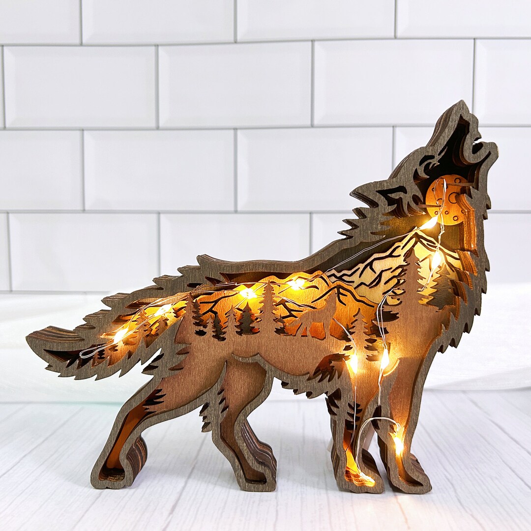3D Carved Wooden Wolf Lamp Illuminates Your Space-masterpiece of ...