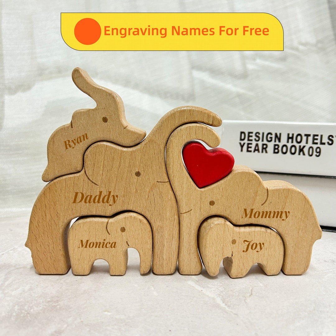 Wooden Carved Elephant Puzzles,all Family Members Together,personalised ...