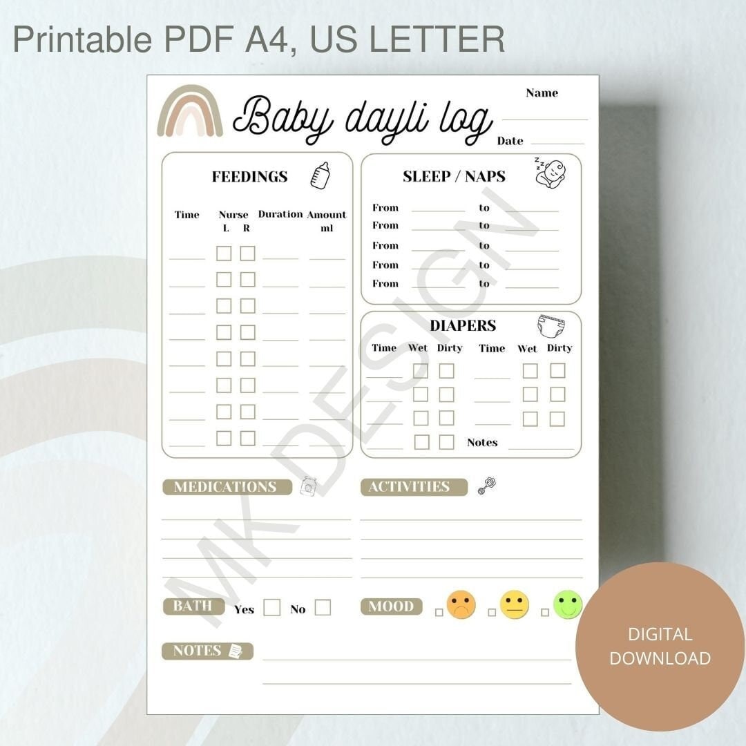 One Page Printable Baby Log Newborn Tracker Nanny Log Babysitter Log ...