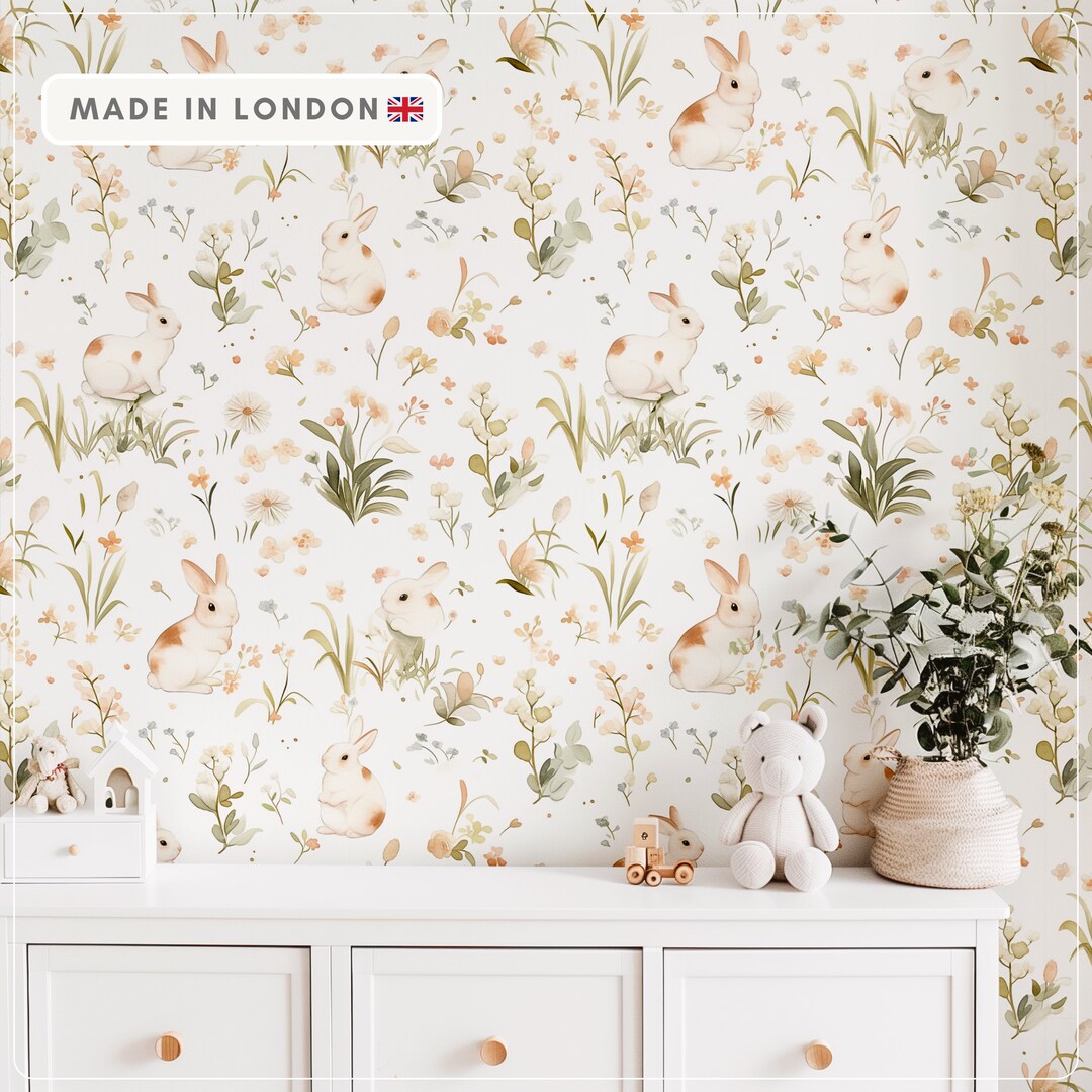 Rabbit Forest Wallpaper Girls Room Bunny Decor Woodland Wall Art Pastel ...