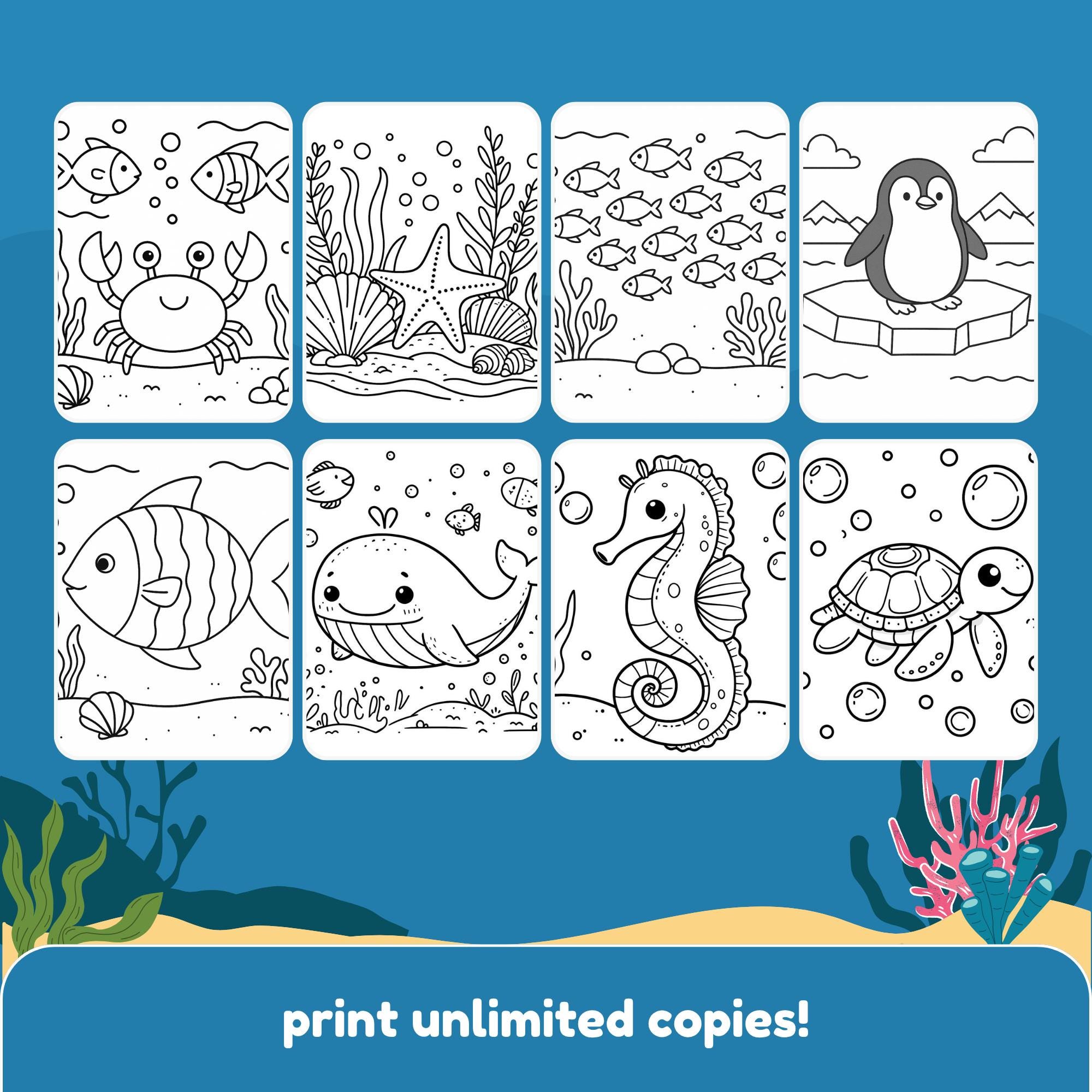 Sea Creatures Coloring Book: Ocean Animals, Toddler Activity (PDF ...