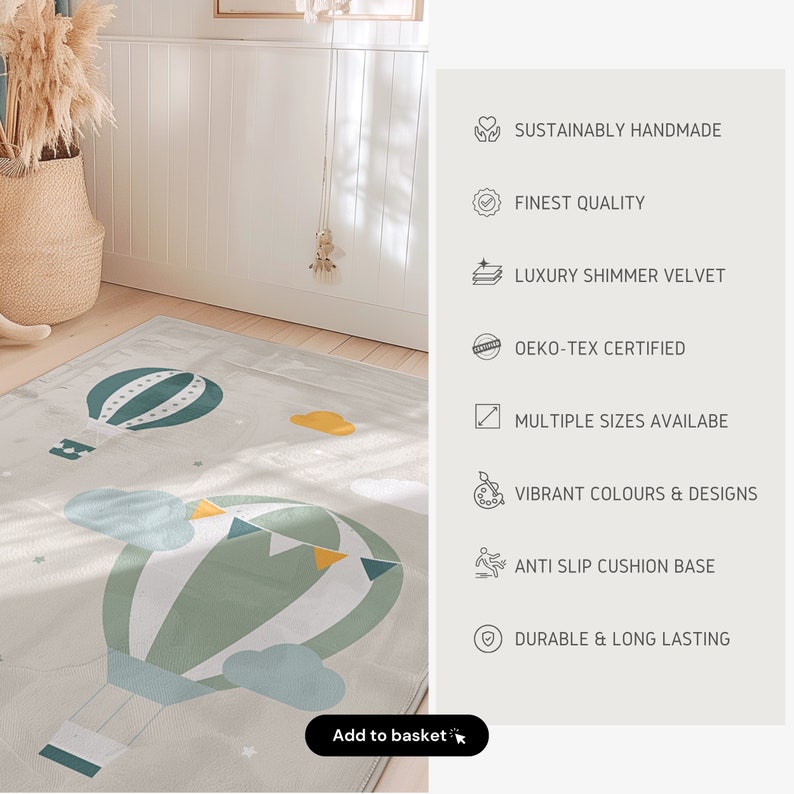 Blue Grey Hot Air Balloon Nursery Rug Baby Boy Handmade Rug Boho Kids ...