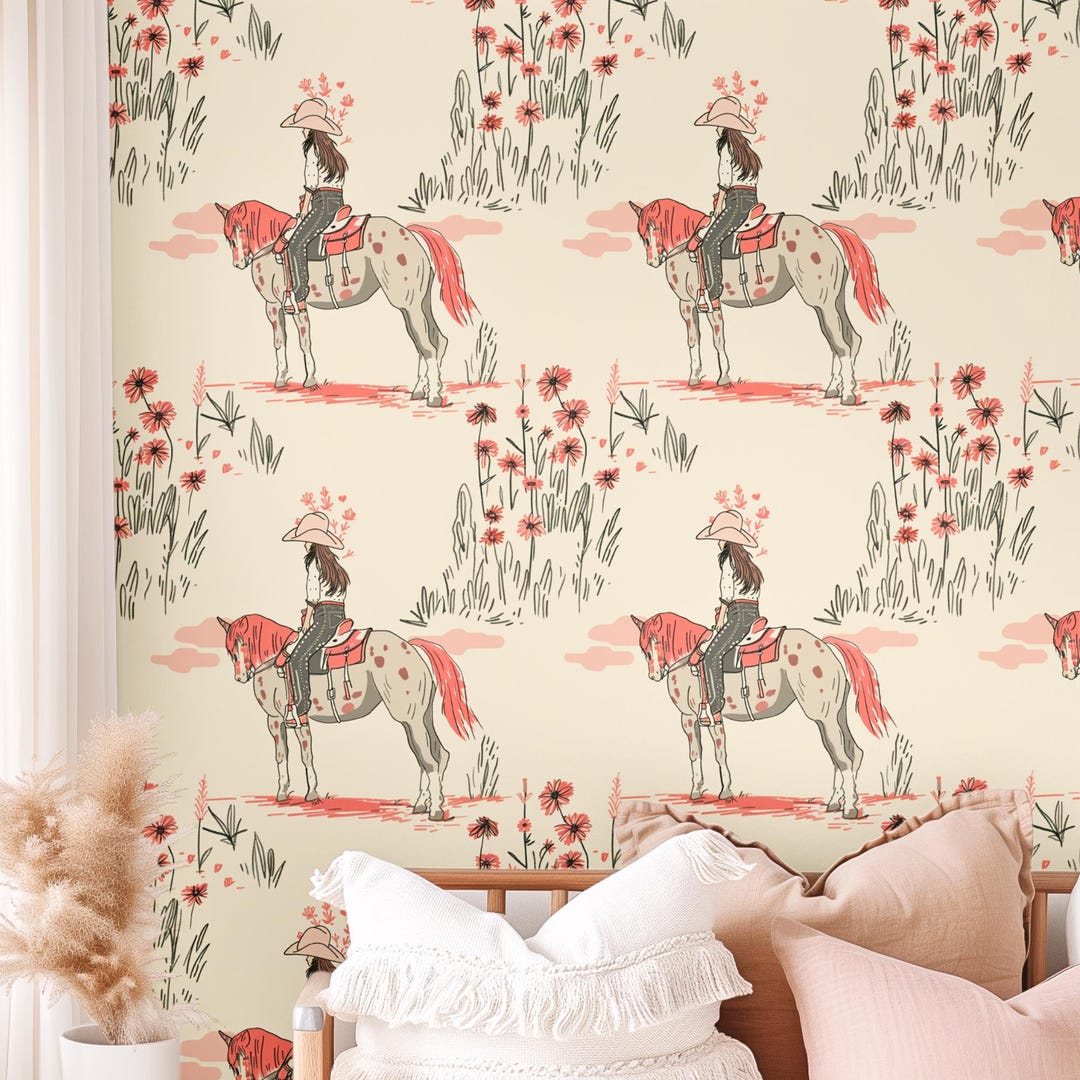 Cowgirl Wallpaper for Girls Room Pink Wild West Wall Decor Peel and ...