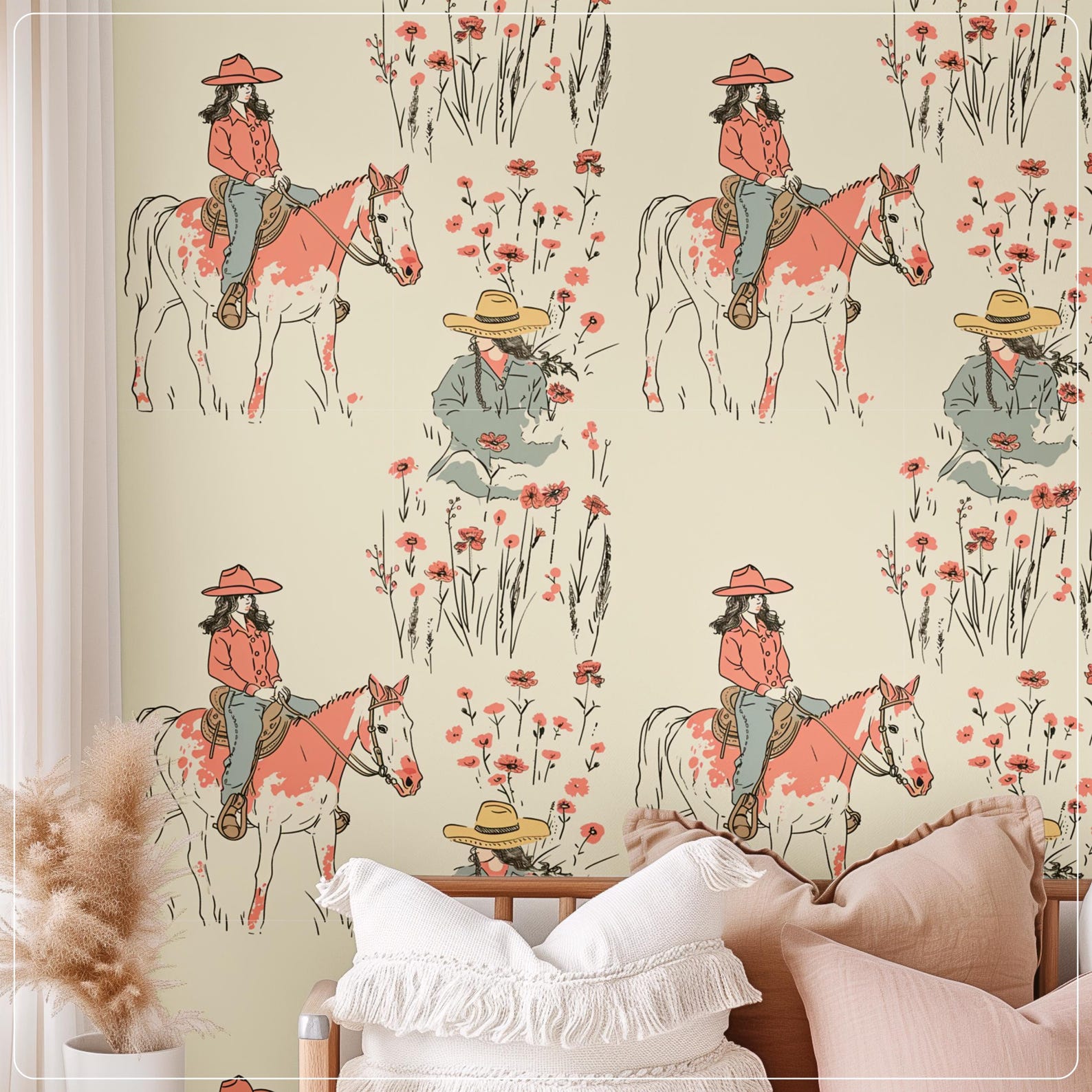 Pink Cowgirl Wallpaper Western Room Decor Wild West Mural Cactus Print ...