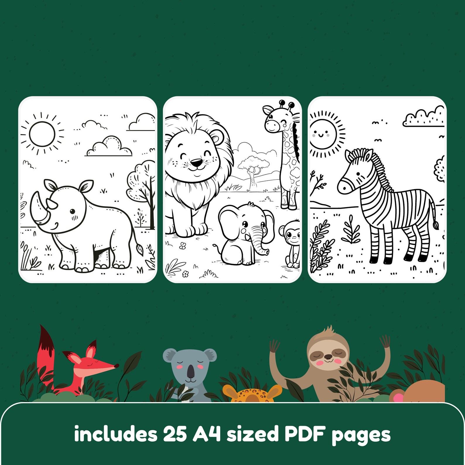 Jungle Animal Coloring Book Printable Safari Pages Kids Activity Ebook ...