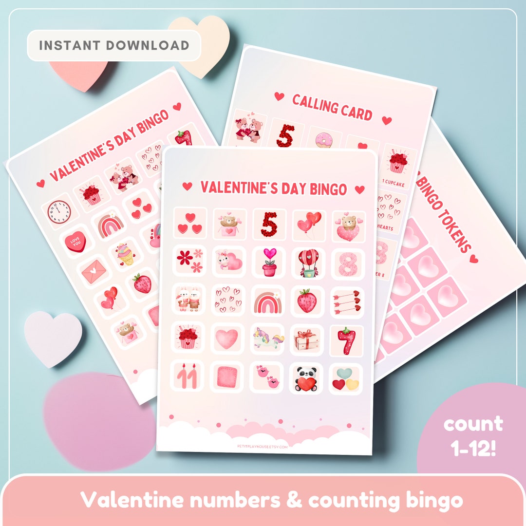 Valentines Bingo Cards for Kids Printable Number and Counting Bingo ...