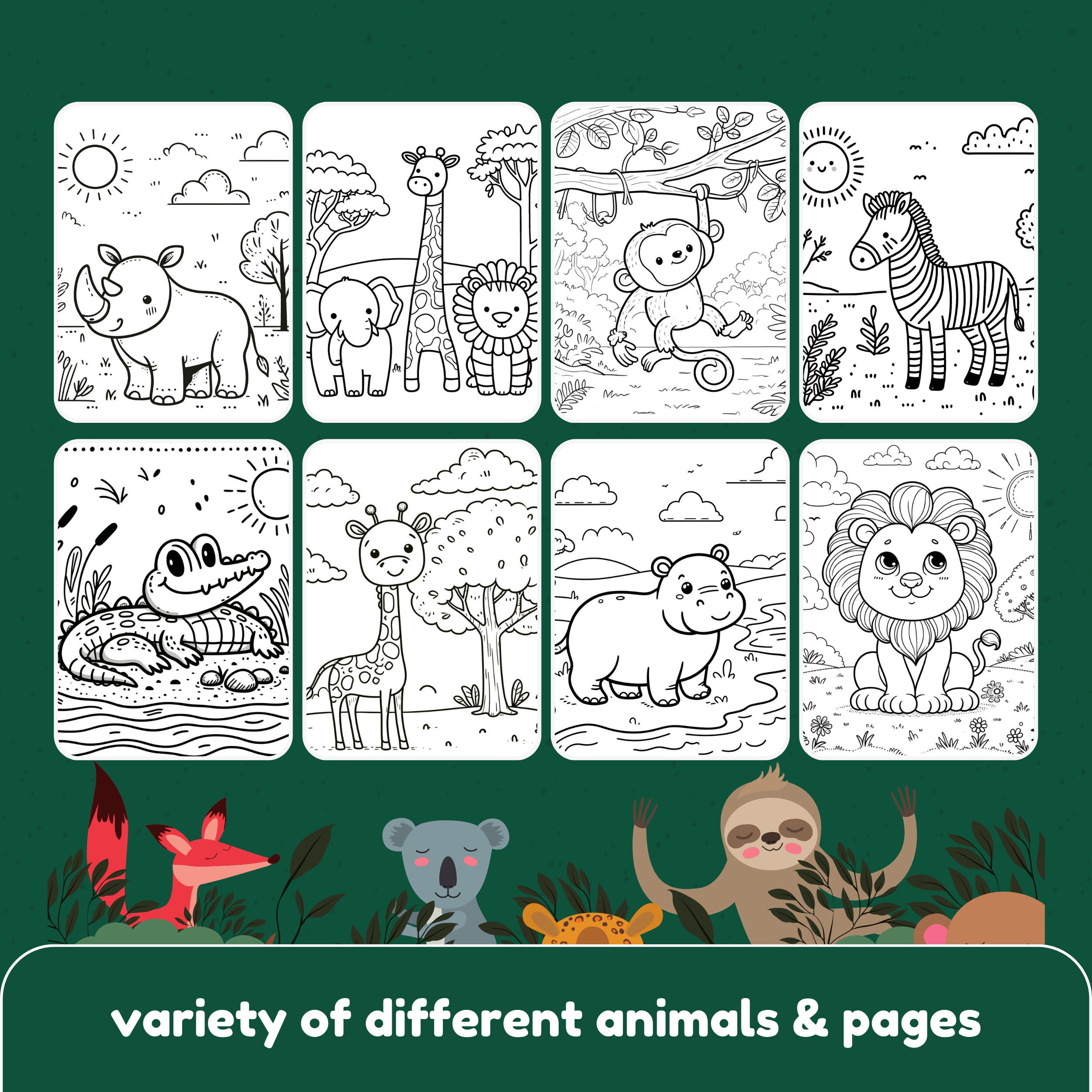 Jungle Animal Coloring Book Printable Safari Pages Kids Activity Ebook ...
