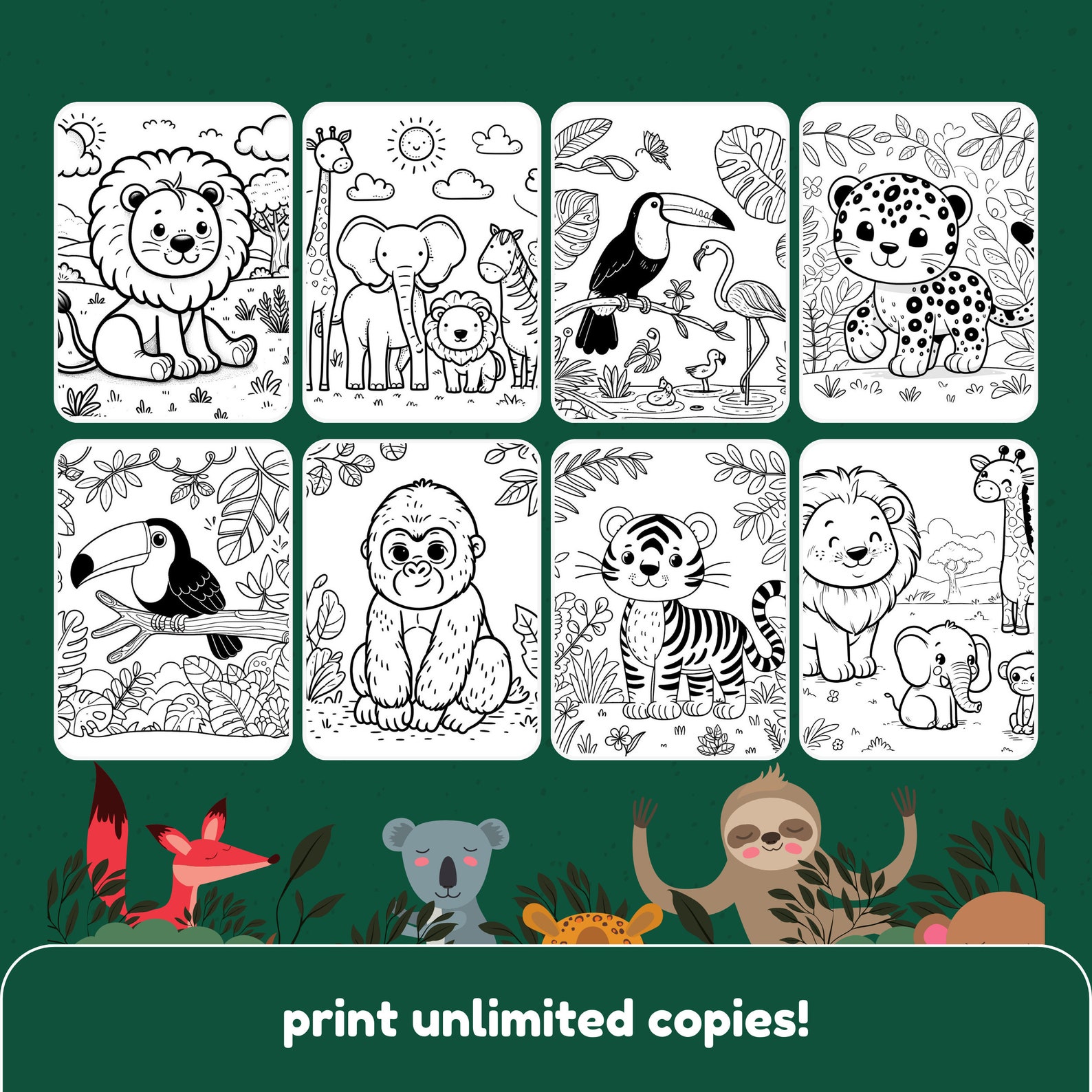Jungle Animal Coloring Book Printable Safari Pages Kids Activity Ebook ...