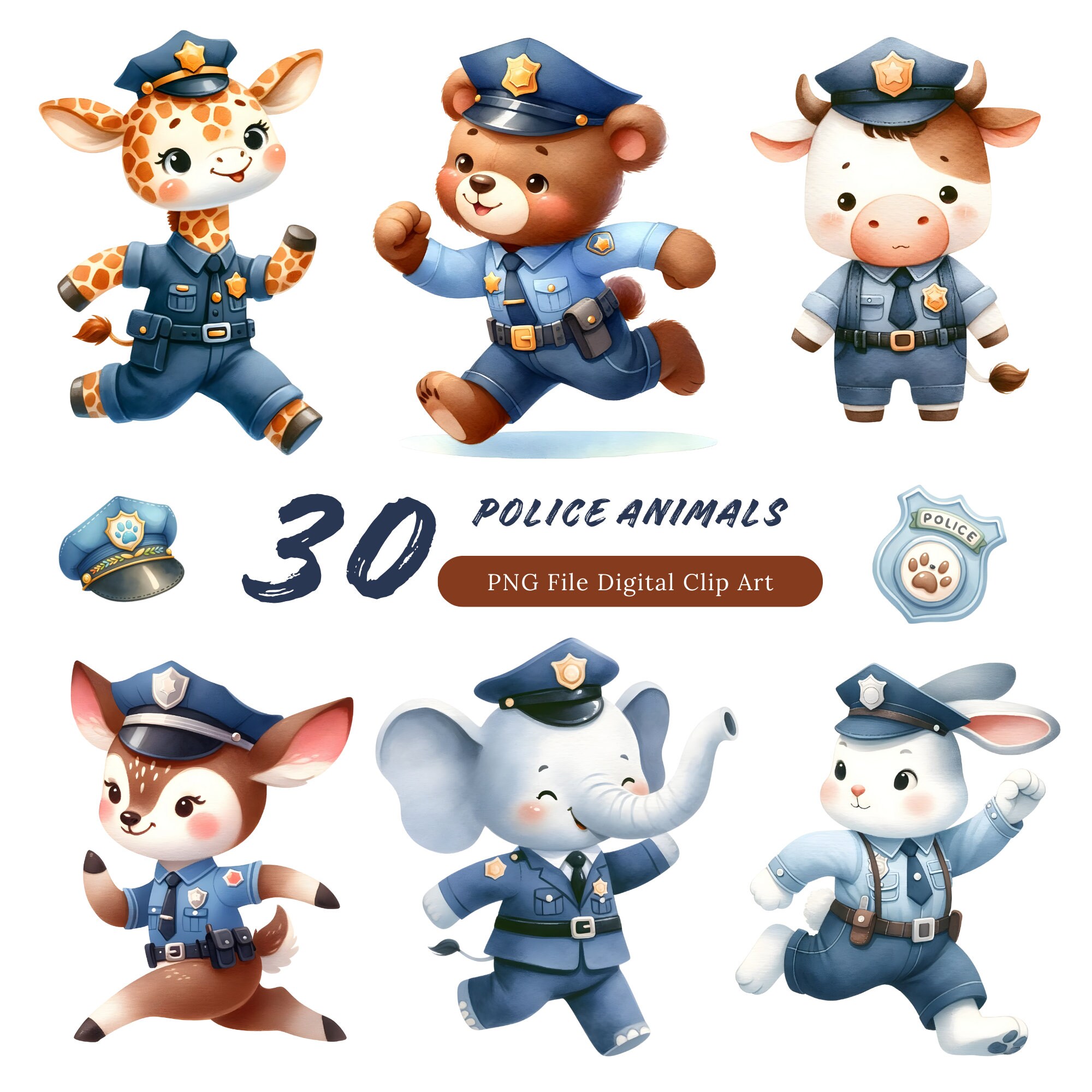 Cute Police Animals Clipart, Animals Jobs, Nursery Illustration Animals ...