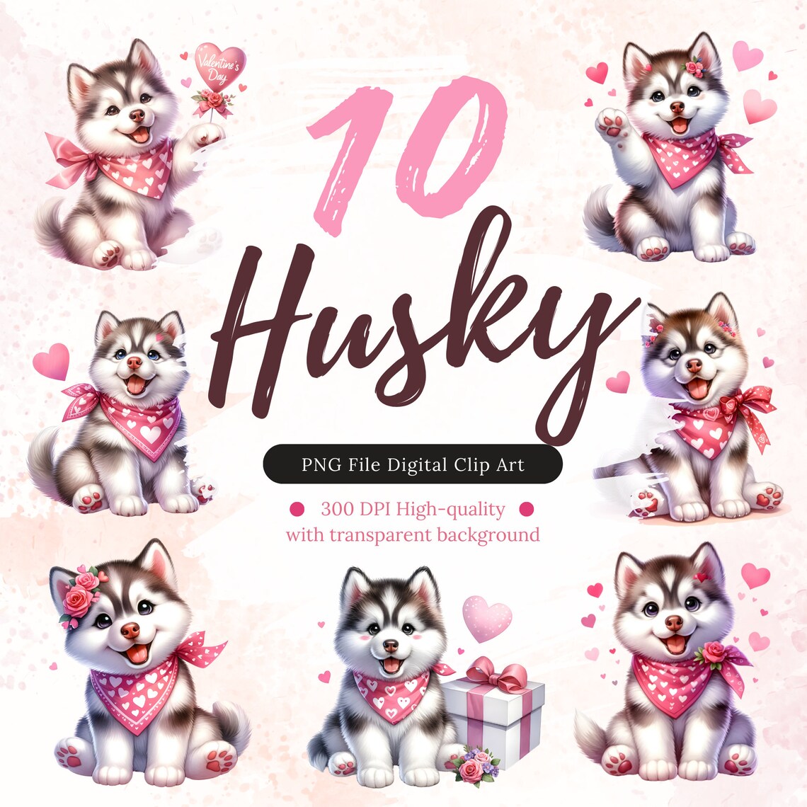 Valentine Husky Clipart Bundle PNG Love Valentine PNG for Card Making ...