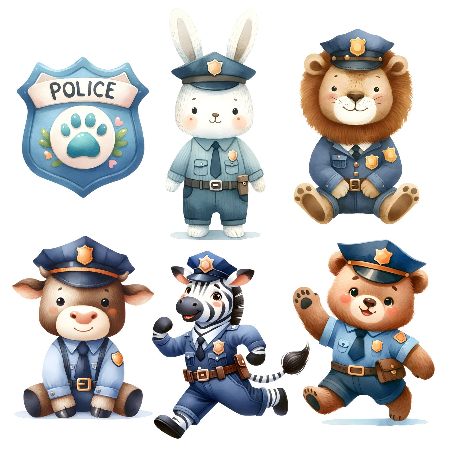 Cute Police Animals Clipart, Animals Jobs, Nursery Illustration Animals ...