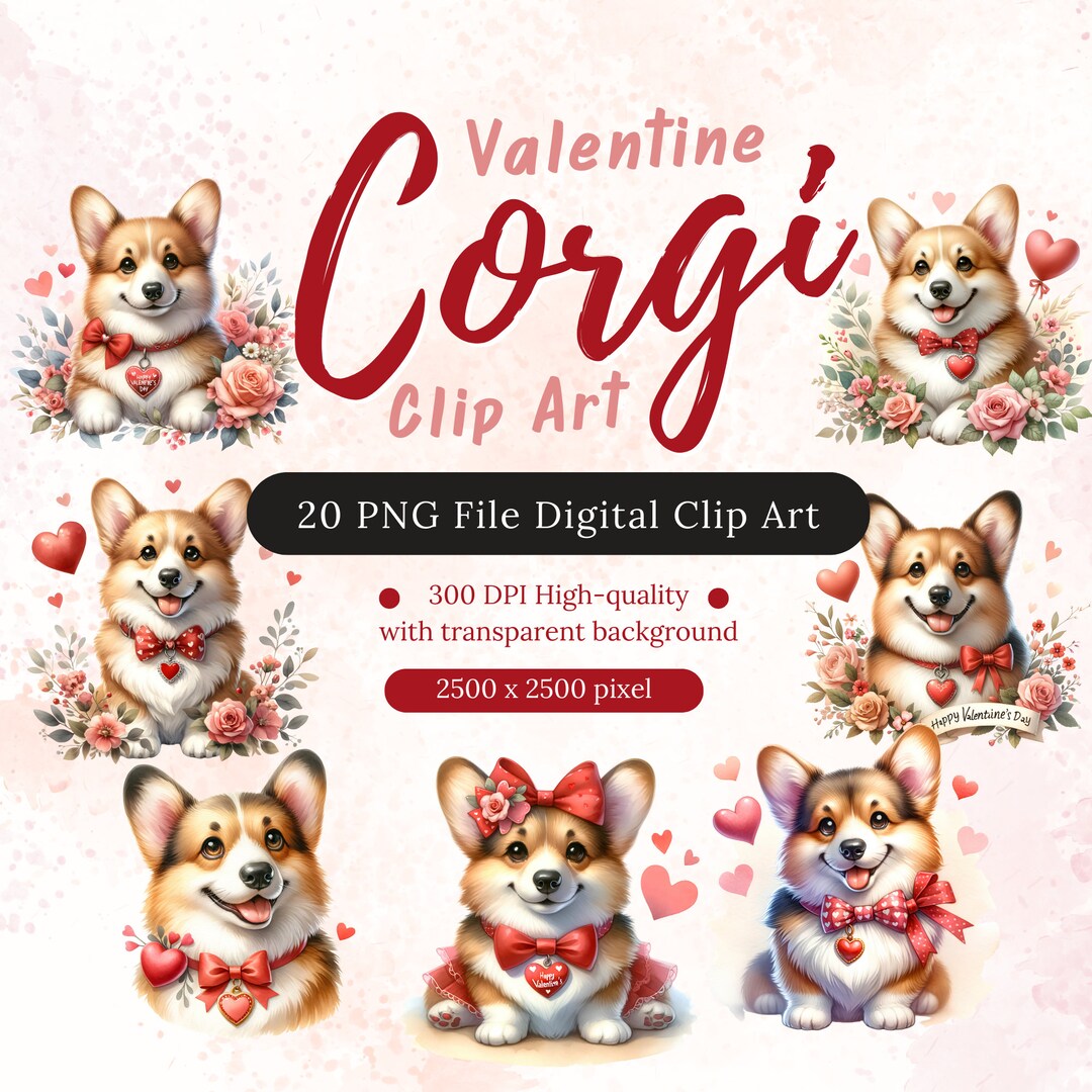 Valentines Corgi Clip Art, Valentines Corgi PNG, Dog Lover, Watercolor ...