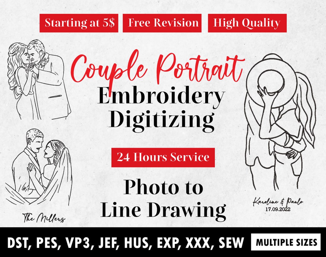 Custom Line Drawing From Photo, Custom Embroidery Digitizing, Couple ...