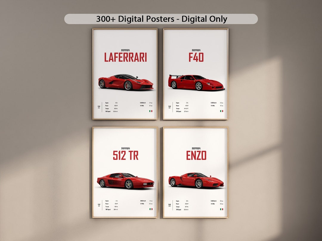 Set of Four Posters Ferrari Enzo, Laferrari, F40, 512 TR KM & MI Car ...