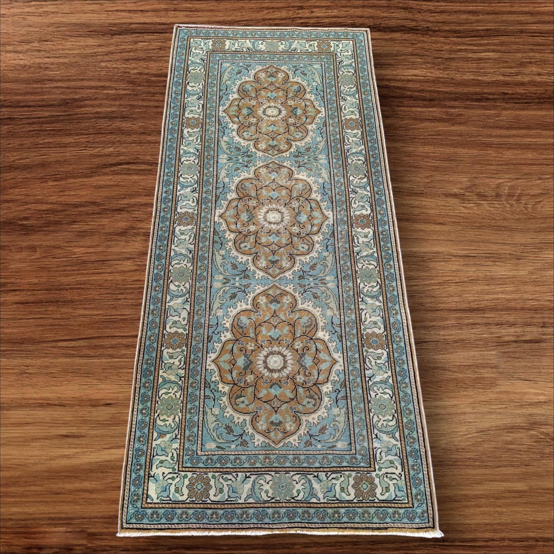 3x7 Natural Light Blue and Copper Color Hand-woven Elegant Runner ...
