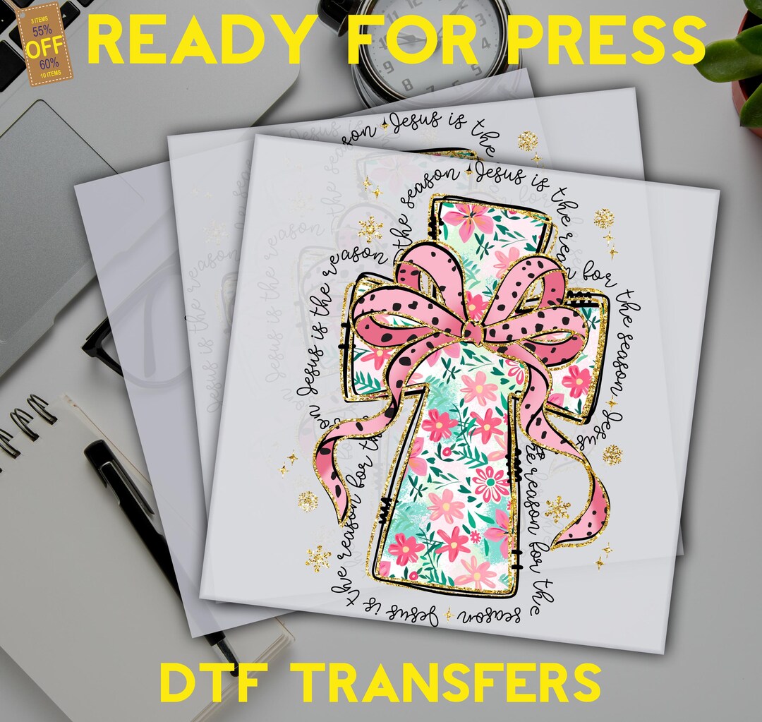 Floral Cross Glitter Effect DTF Transfer: Pink Bow Christian Design - Etsy