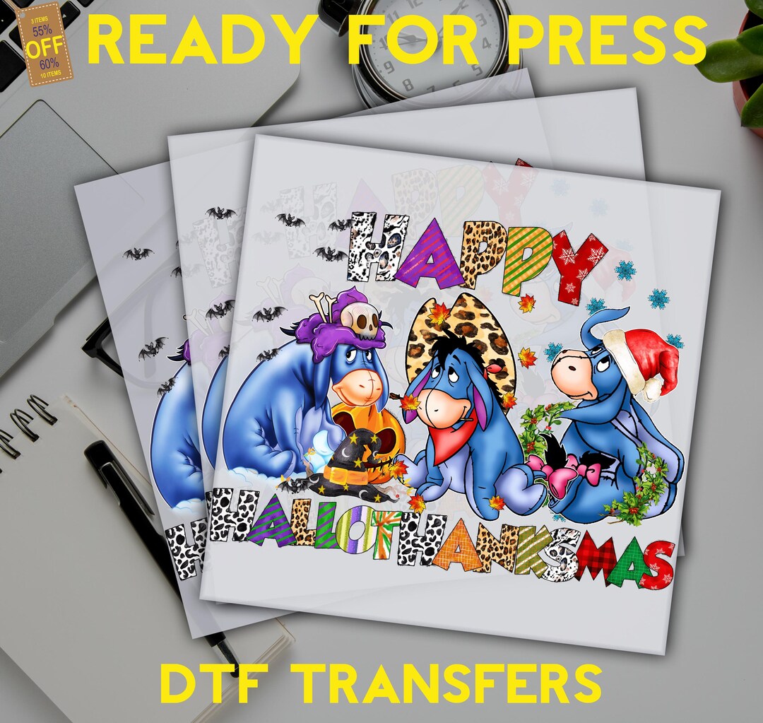 Halloween Thanksgiving Christmas Eeyore Dtf, Happy Hallo Thanks Mas DTF ...