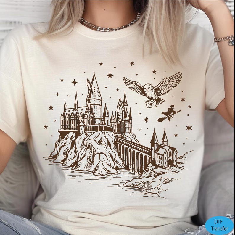 Hogwarts Castle Landscape DTF Transfer: Retro Wizard School Owl Post ...