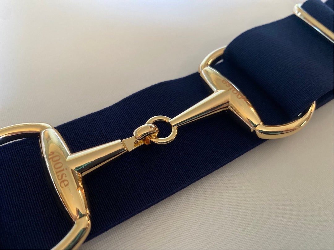 1.5" Elastic Snaffle Belt - Navy, Gold Finish - Adjustable Size ...