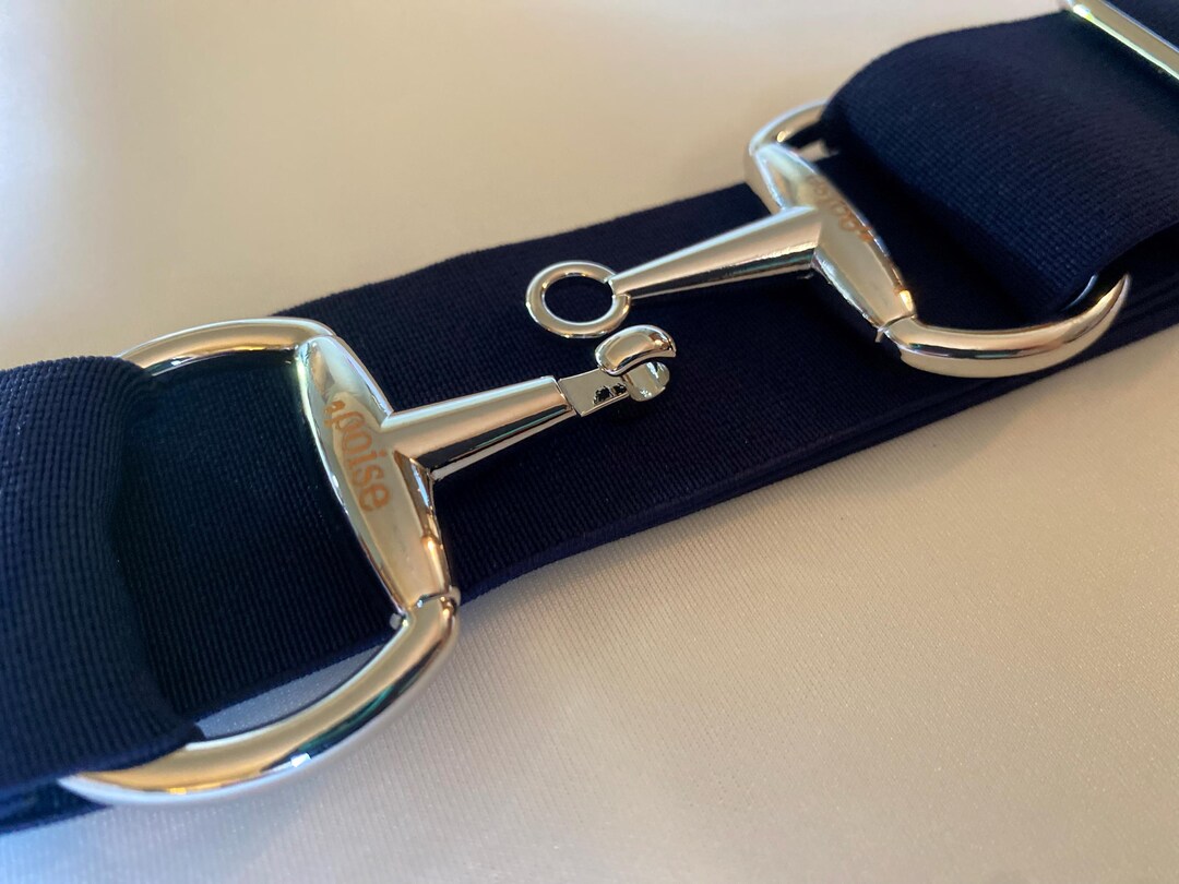 1.5" Elastic Snaffle Belt - Navy, Silver Finish - Adjustable Size ...