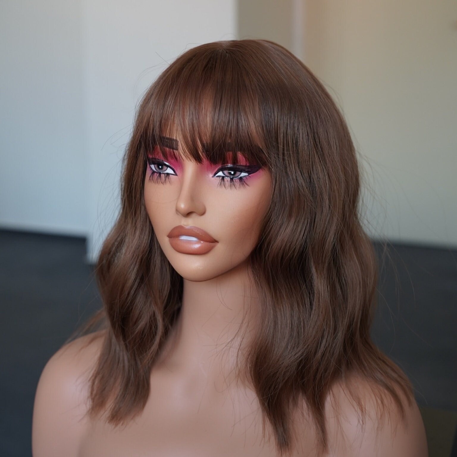 Brunette Wig With Bangs Dark Brown Wig Wavy Wig Bob Wig Natural Look