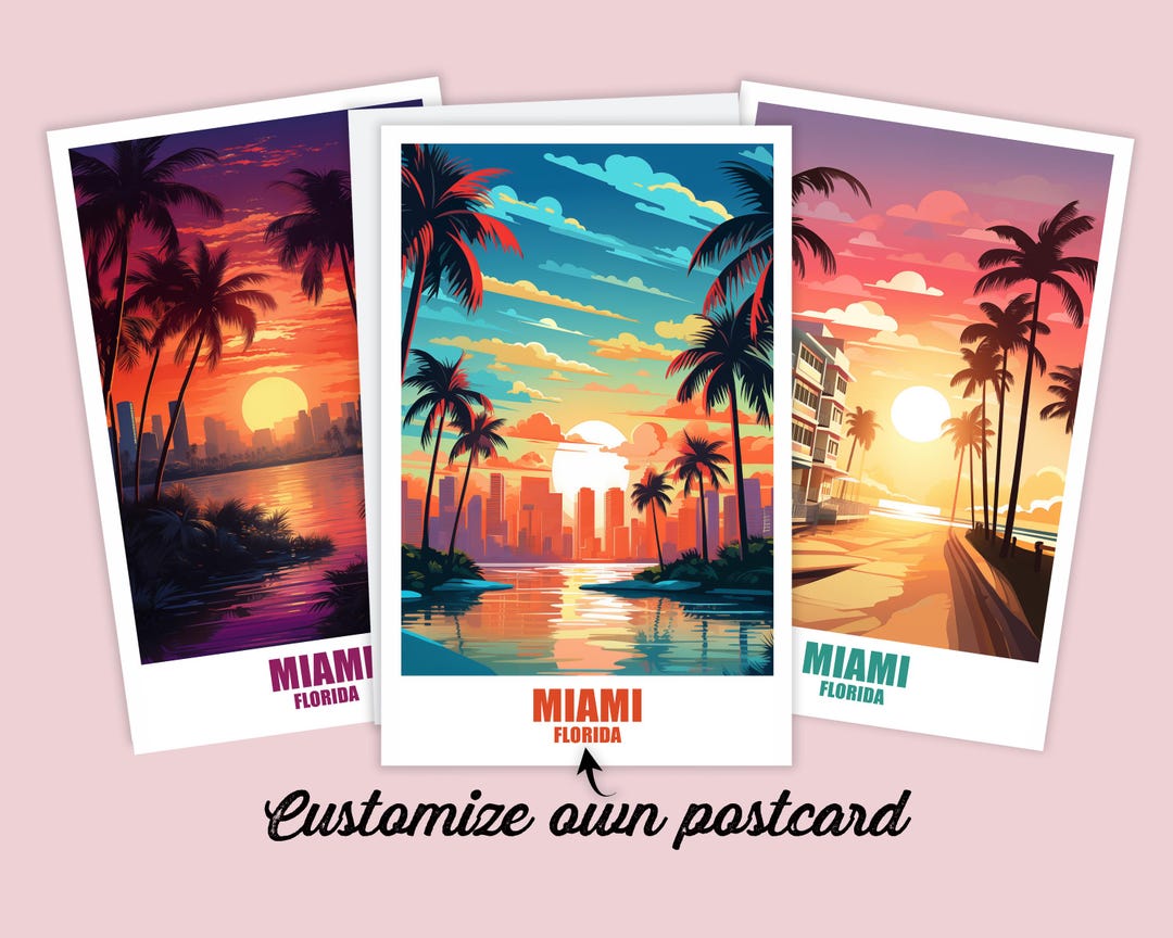 Personalized Miami Postcard, Florida Map, America Greeting Card Gift ...