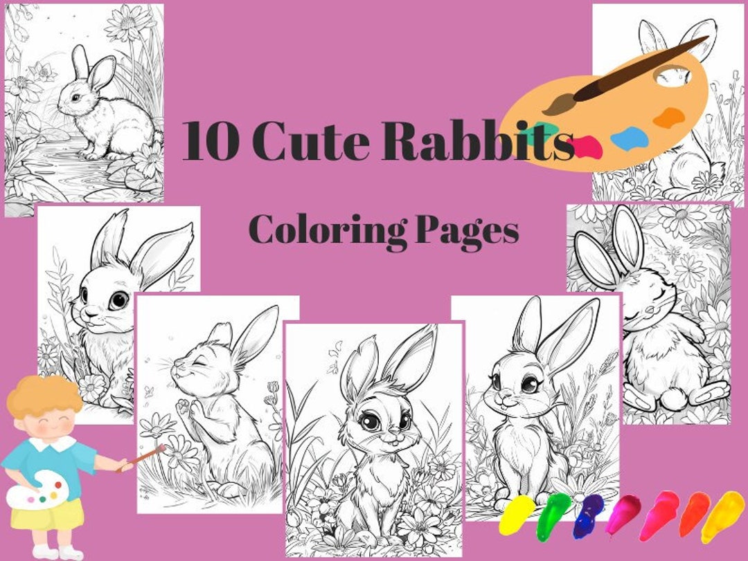 10 Adorable Rabbit Coloring Pages for Kids, Homeschooling Printable, A4 ...