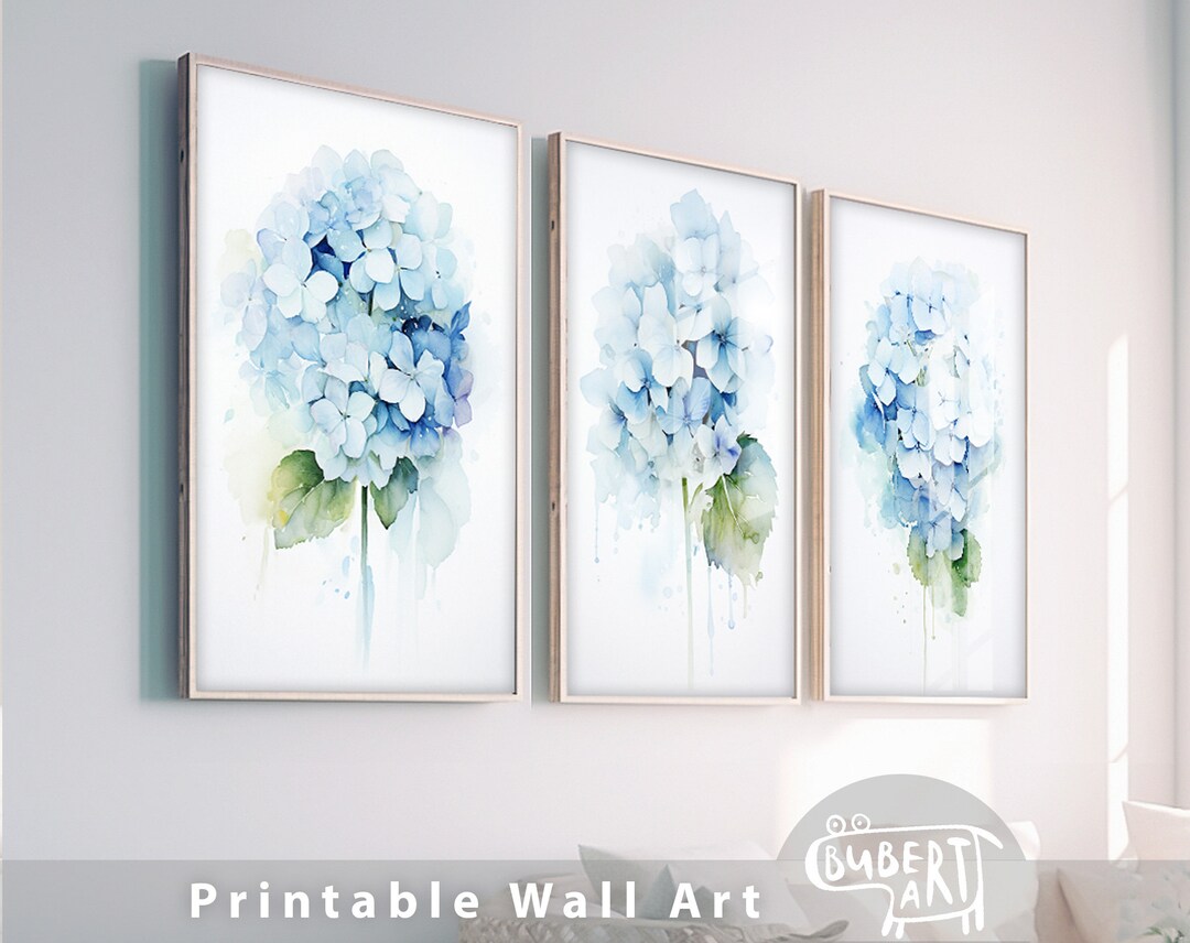 Hydrangea Watercolor Painting Modern Minimal Gallery Wall Art Set of 3 ...