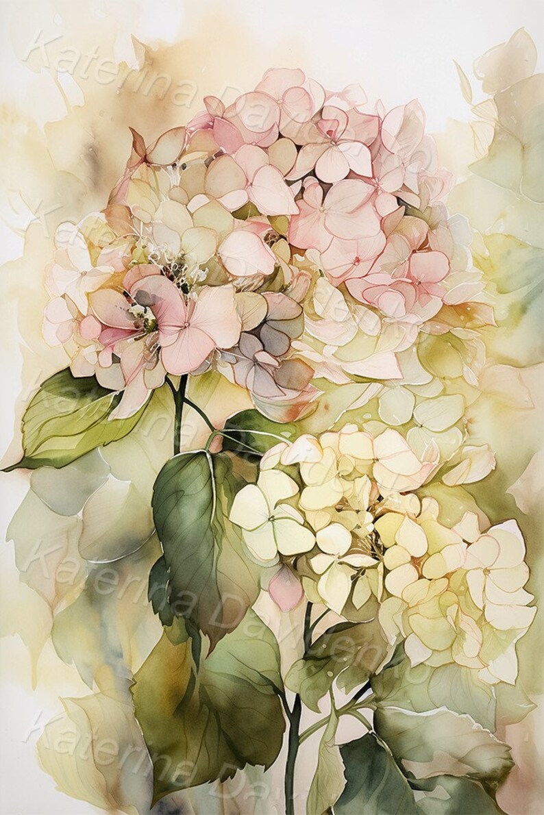 Hydrangea Flowers Art Watercolor Floral Painting Set of 2 Pieces for ...