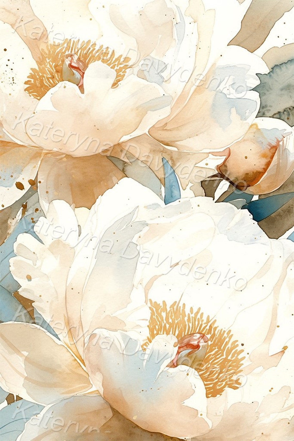 Large Beige Peony Set of 3 Watercolour Painting Close up Printable ...