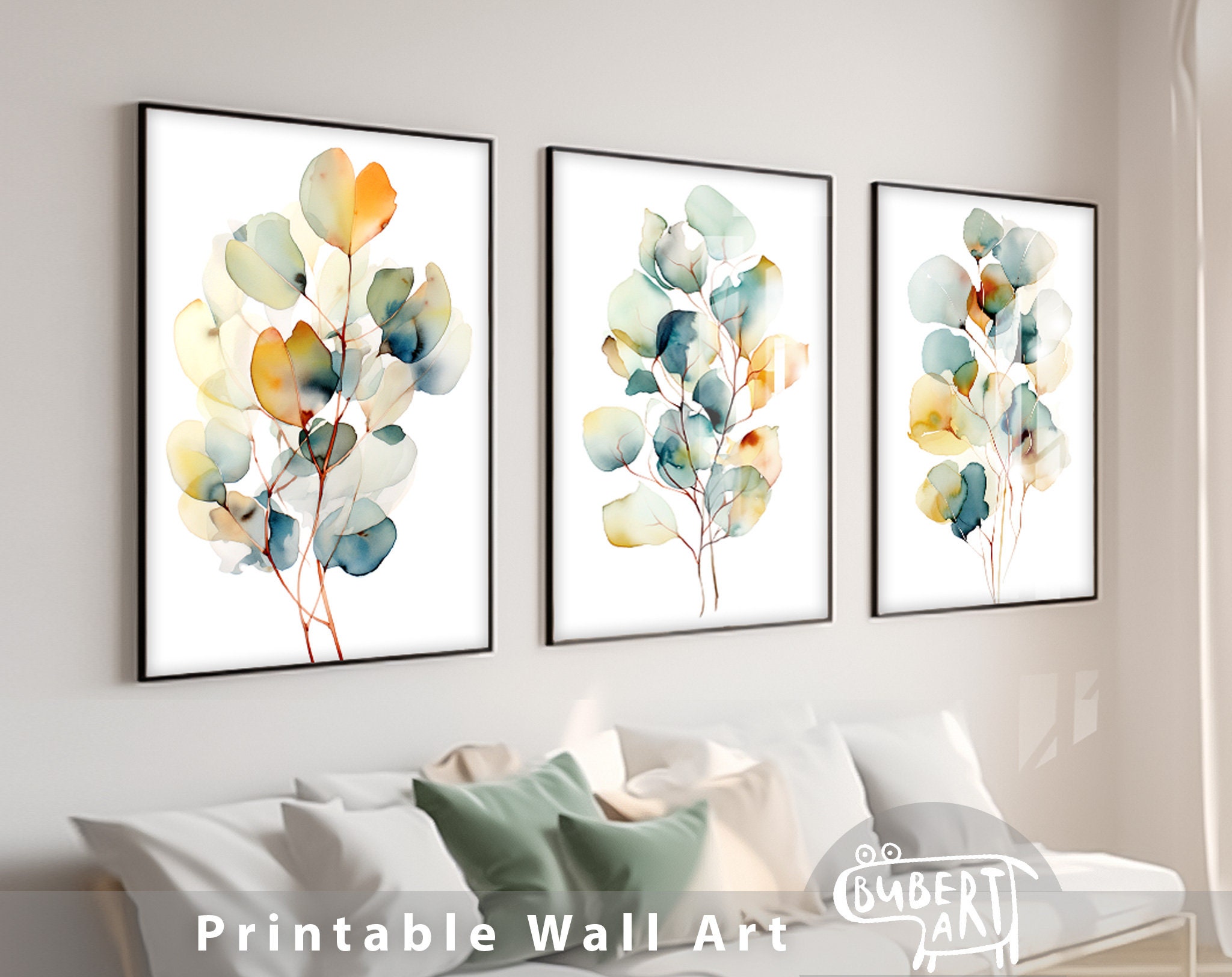 Eucalyptus Prints Set of 3 Watercolor Paintings Modern Minimalist Wall ...