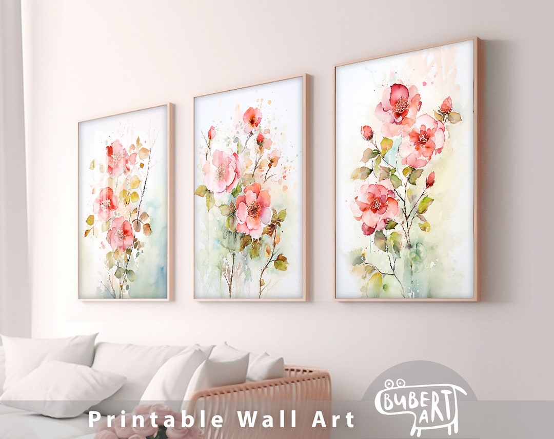 Printable Watercolor Red Wild Roses Set of 3 Pieces Floral Posters Red ...