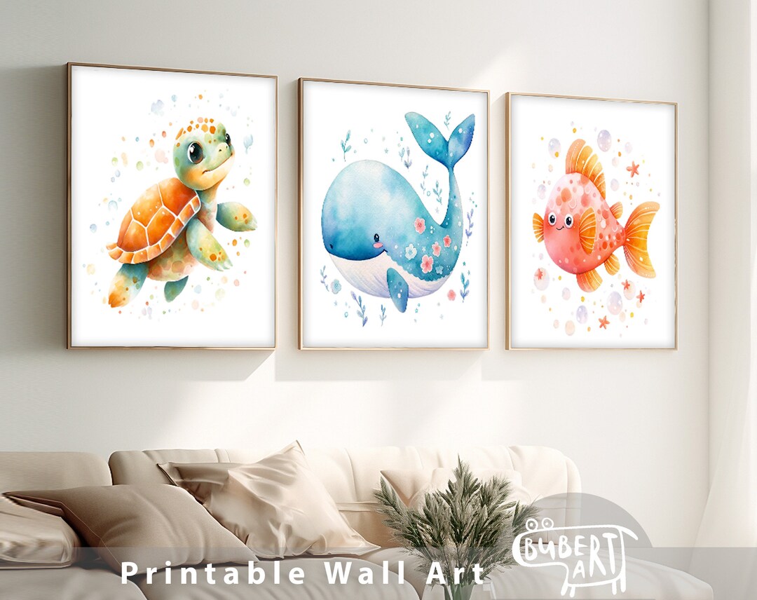 Set of 3 Posters Sea Animals Nursery Wall Art Prints Turtle Fish Whale ...