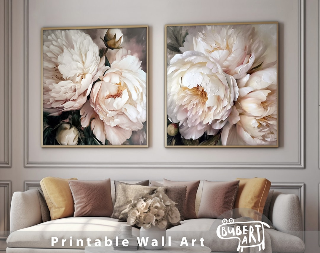 White Peony Print Set of 2 Prints Peony Square Large Painting White ...