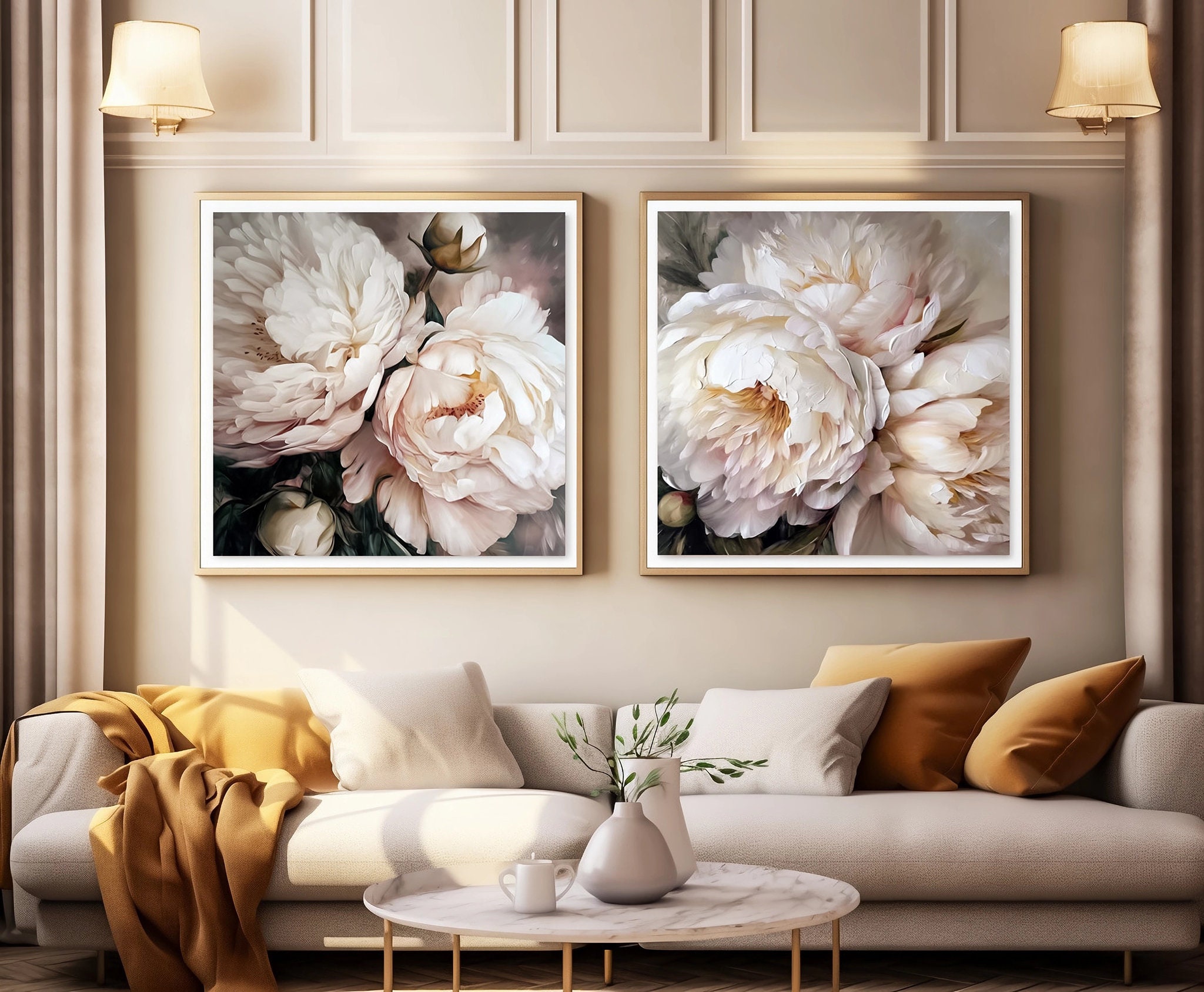 White Peony Print Set of 2 Prints Peony Square Large Painting White ...