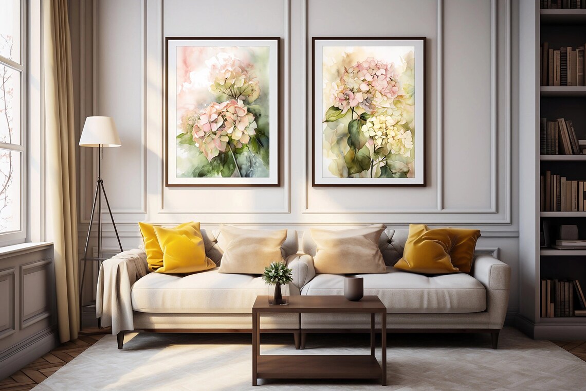 Hydrangea Flowers Art Watercolor Floral Painting Set of 2 Pieces for ...