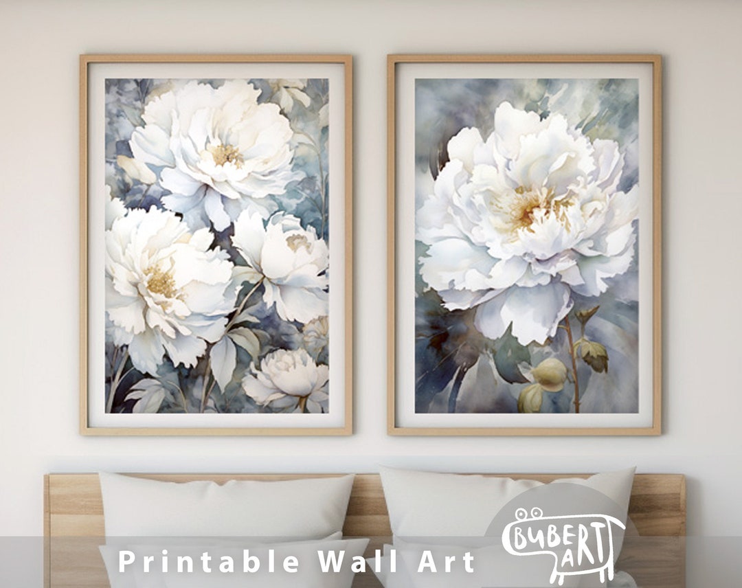 White Peony Print Poster Set of 2 Pieces Peonies Large Watercolour ...