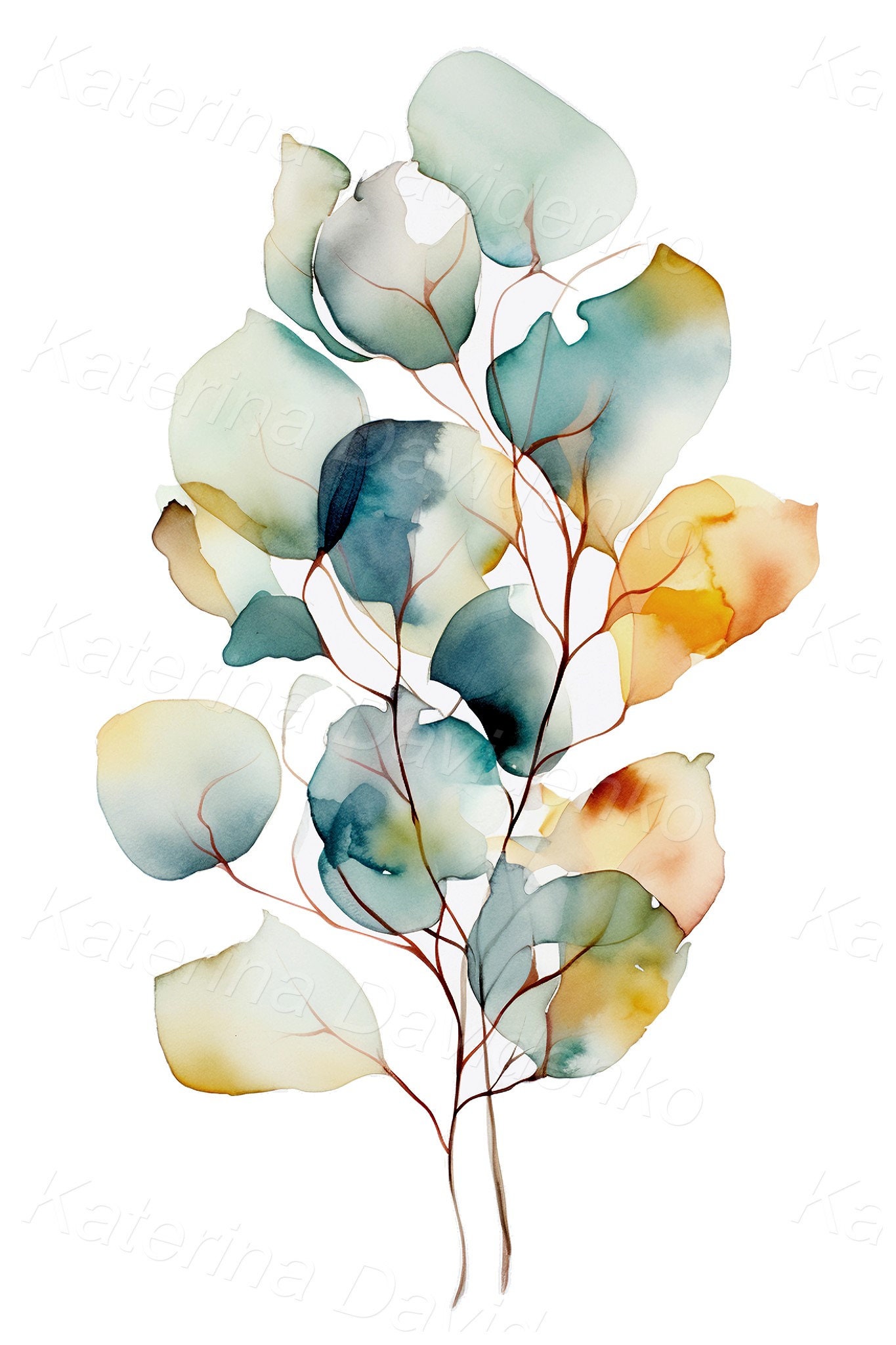 Eucalyptus Prints Set of 3 Watercolor Paintings Modern Minimalist Wall ...