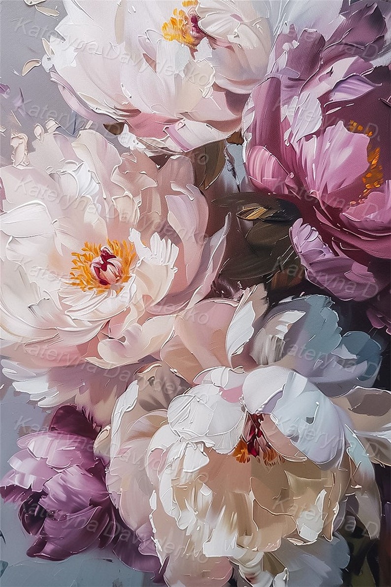 Purple Peony Print Poster Set of 3 Prints Close-up Peony Large Impasto ...