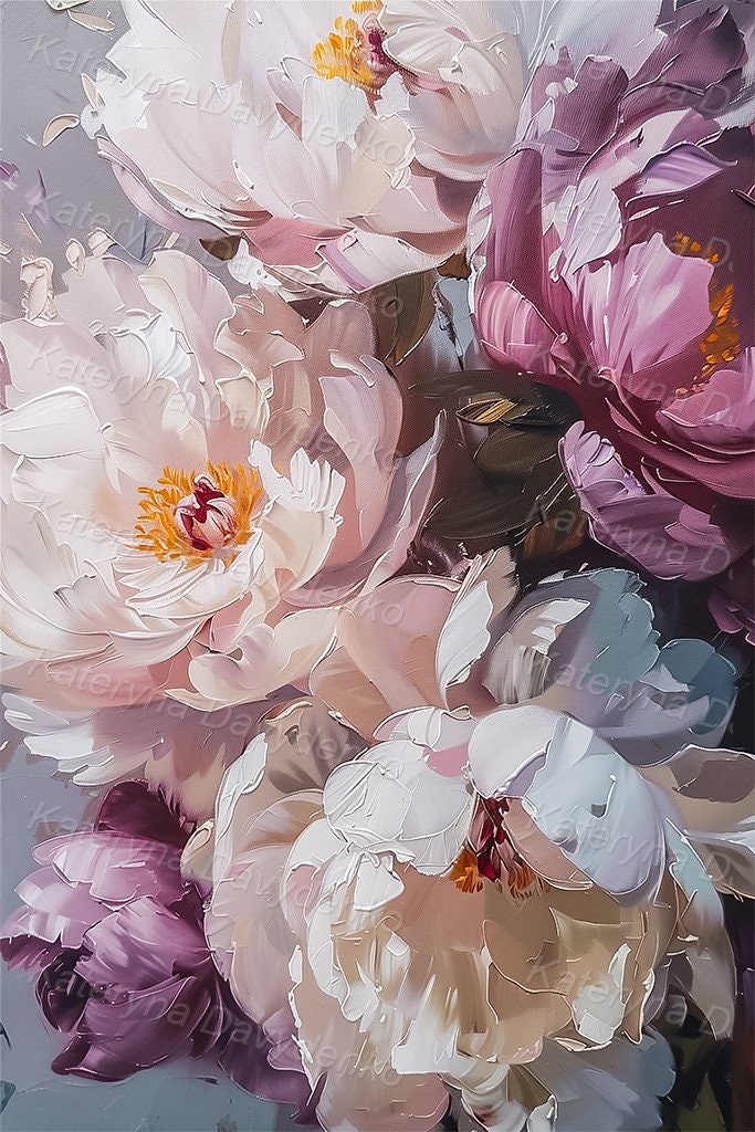 Purple Peony Print Poster Set of 3 Prints Close-up Peony Large Impasto ...