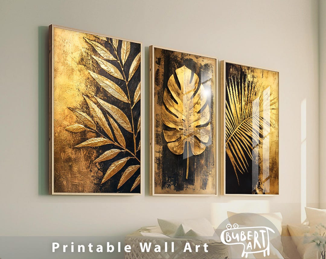 Set of 3 Golden Tropical Leaves Wall Art Realistic Gold Leaf Print ...