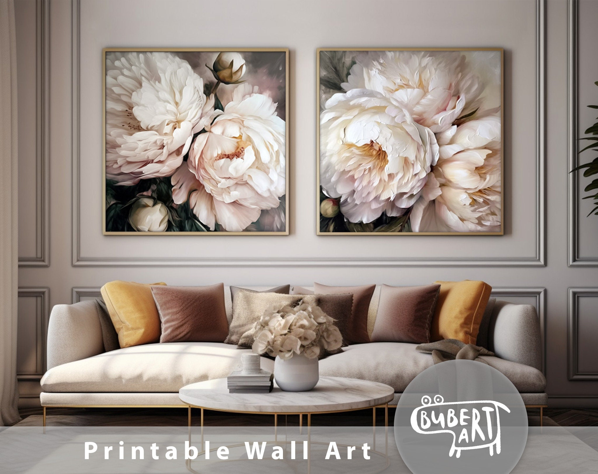 White Peony Print Set of 2 Prints Peony Square Large Painting White ...