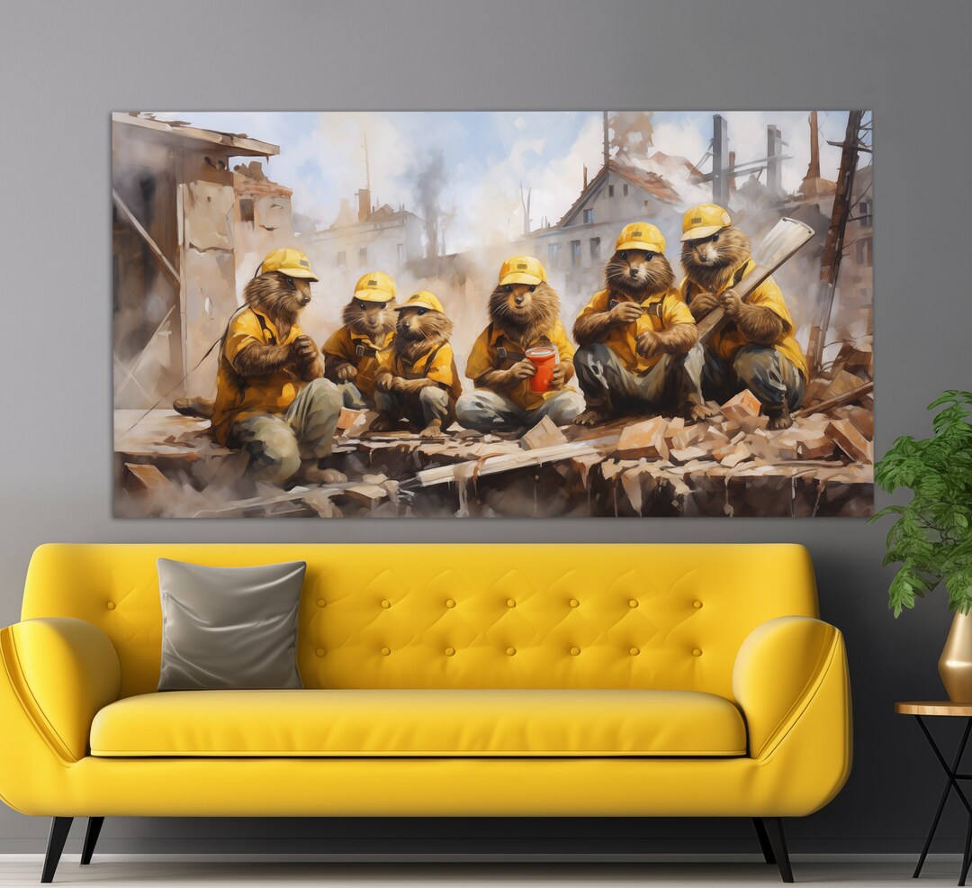 Funny Construction Wall Art, Beavers in Helmets Canvas Print, Abstract ...